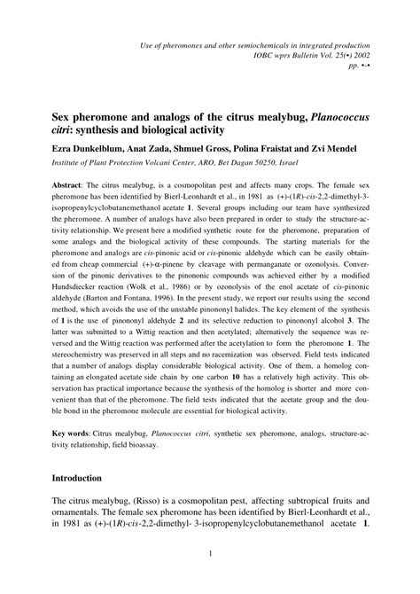 Pdf Sex Pheromone And Analogs Of The Citrus Mealybug Planococcus