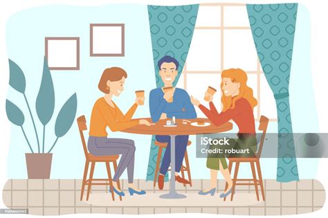 친구들은 차나 커피를 마시고 이야기를 나눴다 사람들은 카페 나 레스토랑에서 함께 시간을 보냅니다 귀여운에 대한 스톡 벡터 아트 및 기타 이미지 Istock