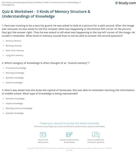 Quiz And Worksheet 3 Kinds Of Memory Structure And Understandings Of Knowledge