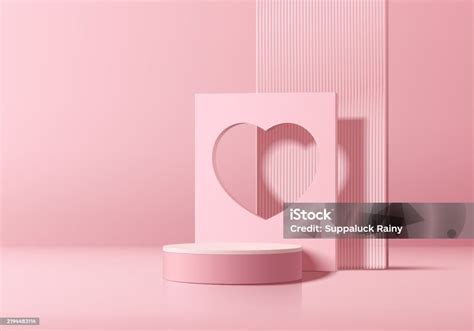 발렌타인 데이 3d 핑크 연단 배경 하트 모양 배경 미니멀리스트 디자인의 추상적인 기하학적 구성 스튜디오 디스플레이 쇼룸 스탠드 제품 받침대 패션 스테이지 쇼케이스 모형