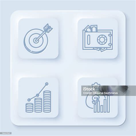 세트 라인 대상 안전 및 돈 원형 차트 인포 그래픽과 동전과 돈 가방과 다이어그램 그래프를 설정합니다 흰색 정사각형 버튼 벡터 0명에 대한 스톡 벡터 아트 및 기타 이미지