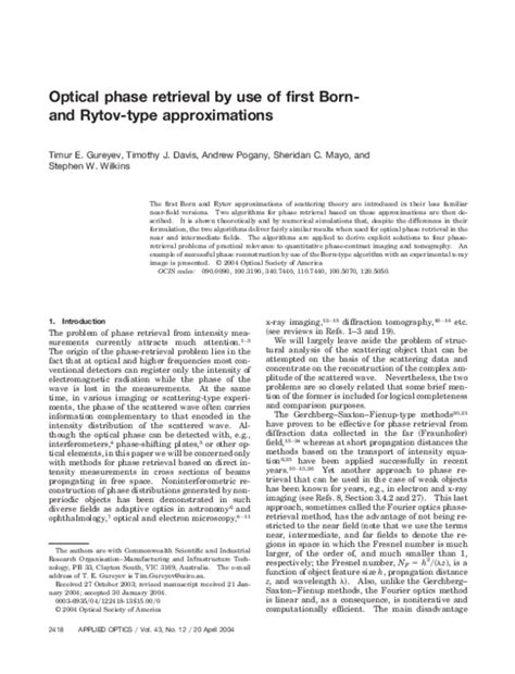Pdf Optical Phase Retrieval By Use Of First Born And Rytov Type Approximations