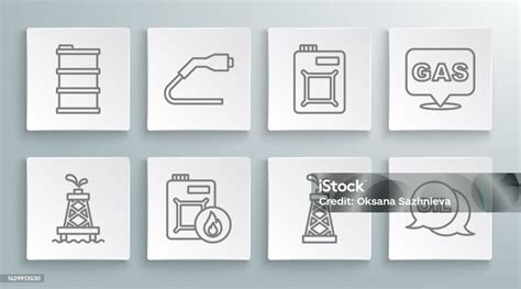 라인 석유 굴착 장치 전기 케이블 플러그 충전 모터 오일 캐니스터 단어 위치 및 주유소 및 배럴 아이콘을 설정합니다 벡터 0명에 대한 스톡 벡터 아트 및 기타 이미지