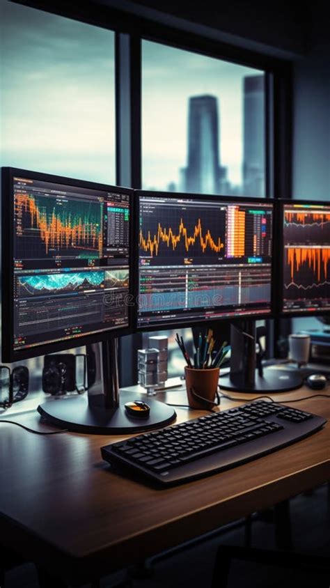 from a computer desk view financial data on multiple screens in an