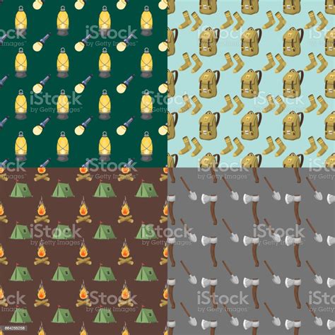 벡터 일러스트 레이 션을 설정 완벽 한 패턴 캠핑 장비 하이킹 야외 요소 만화 여행 하이킹 가방에 대한 스톡 벡터 아트 및 기타 이미지 가방 개인 장식품 개체 그룹