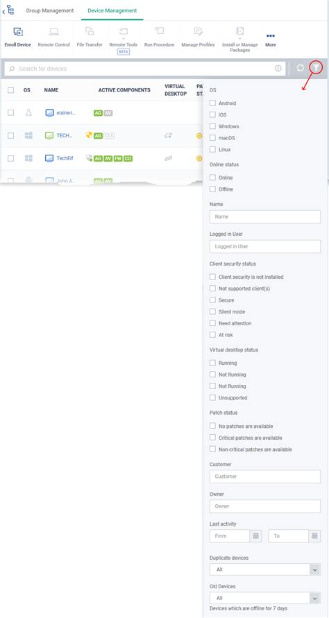 How To Use Search And Filter Options In The Device List Interface