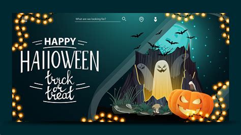 해피 할로윈 트릭 또는 치료 아름다운 밤 할로윈 풍경 유령과 호박 잭포털 현대 수평 인사말 엽서 0명에 대한 스톡 벡터 아트 및 기타 이미지 Istock