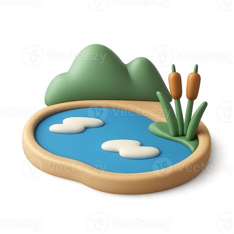 3d Simple Lake Icon With Edges Clouds And Greenery Elements 66164178 Png