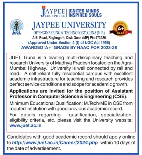 jaypee university of engineering and technology guna wanted assistant