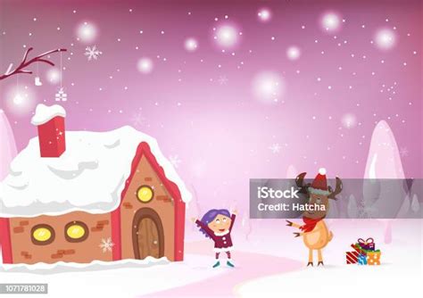 메리 크리스마스 순 록 만화 문자 주고 집에서 아이 인사말 카드 눈이 떨어지는 판타지 겨울 예쁜 배경 크리스마스 벡터 일러스트 레이 션에 달콤한 파스텔 포스터에 축 하 선물