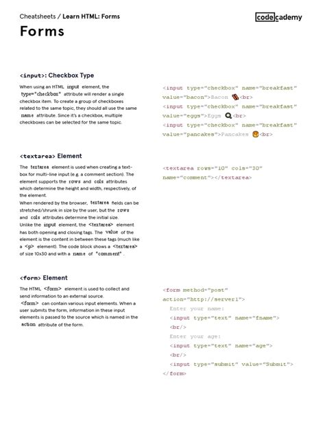 Learn Html Forms Forms Cheatsheet Codecademy Pdf Html Html