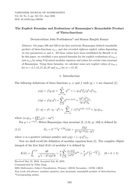 Pdf The Explicit Formulae And Evaluations Of Ramanujans Remarkable