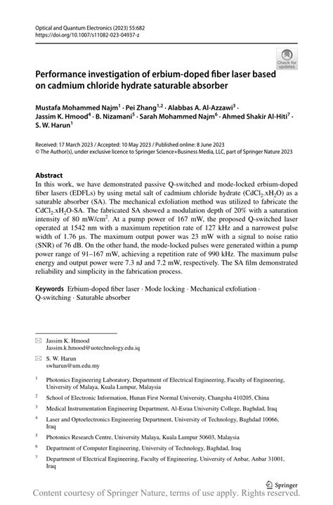 Performance Investigation Of Erbium Doped Fiber Laser Based On Cadmium Chloride Hydrate