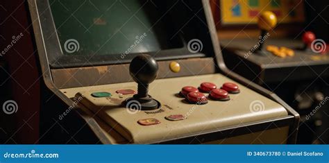 Vintage Gaming Console Amidst Nostalgic Arcade Room With Classic Joystick Colorful Buttons Stock
