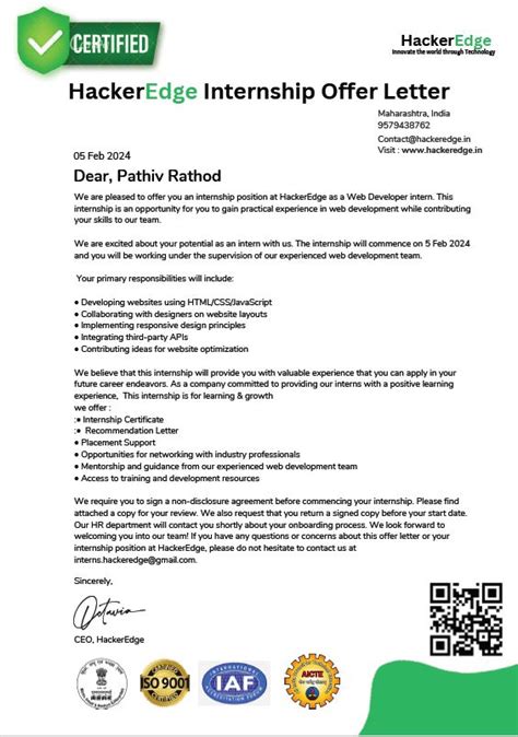 Internship Offer Letter From Hacker Edge Parthiv Rathod