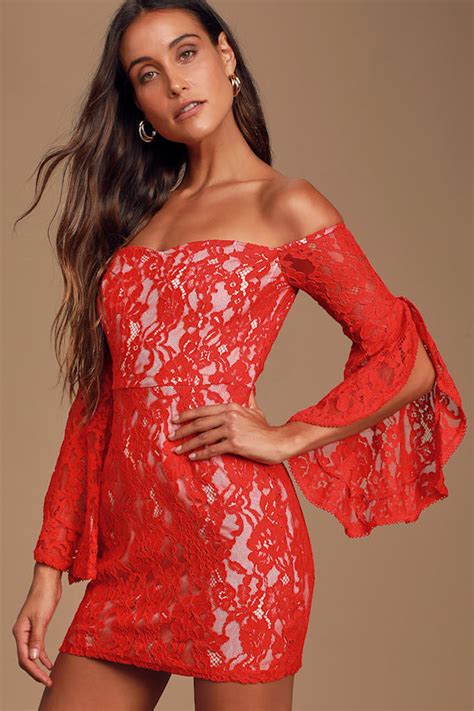 Sexy Red Lace Bodycon Ots Mini Dress Bell Sleeve Dress Lulus