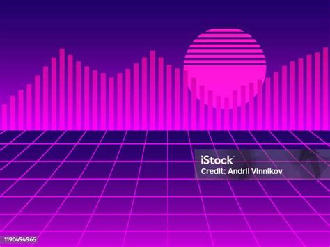 가상 현실 그리드와 80 년대 스타일의 사이버 펑크 풍경 신스 웨이브 복고풍 미래 지향적 인 배경 레트로 웨이브 벡터 일러스트레이션 신스웨이브 스타일에 대한 스톡 벡터 아트