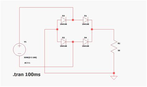 V1 Sine0 5 100 Ac 5 1 Tran 100ms D3 D1 1n4148 1n4148 D2 D4 R1