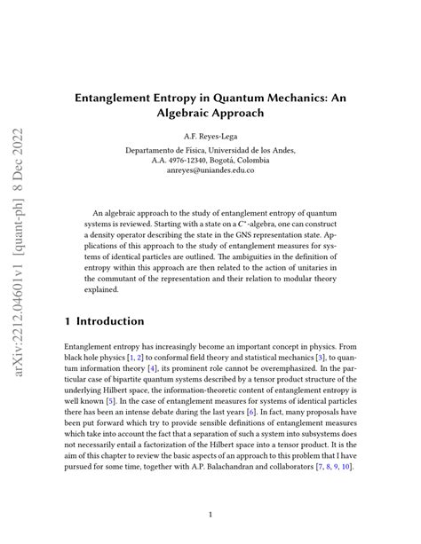 PDF Entanglement Entropy In Quantum Mechanics An Algebraic Approach