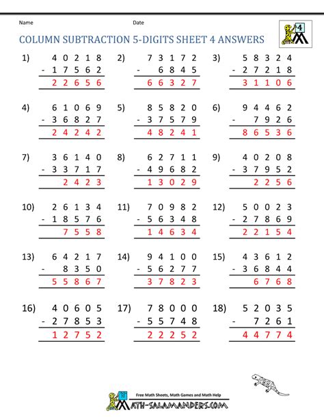 5 digit subtraction worksheets