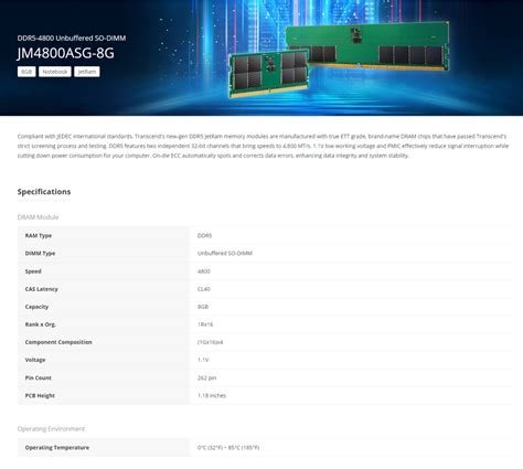 Transcend Jm4800 8gb Jm Ddr5 4800 So Dimm 1rx16 11v แรมโน้ตบุ๊ค ของแท้