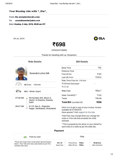 Your Monday Ride With Ola Ride Details Bill Details Pdf Invoice Government Finances