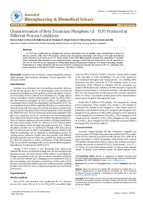 Pdf Characterization Of Beta Tricalcium Phosphate β Tcp Produced At Different Process Conditions
