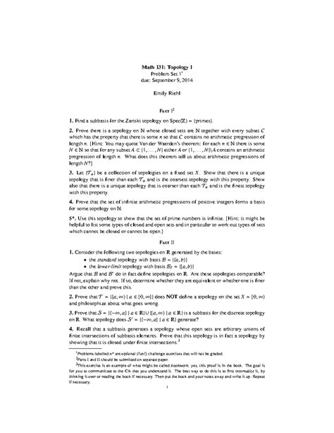 Seminar Assignments Problem Set 1 9 Math 131 Topology I Problem