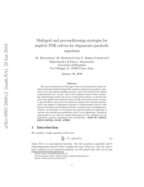 Pdf Multigrid And Preconditioning Strategies For Implicit Pde Solvers For Degenerate Parabolic