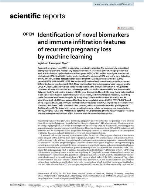 Pdf Identification Of Novel Biomarkers And Immune Infiltration Features Of Recurrent Pregnancy