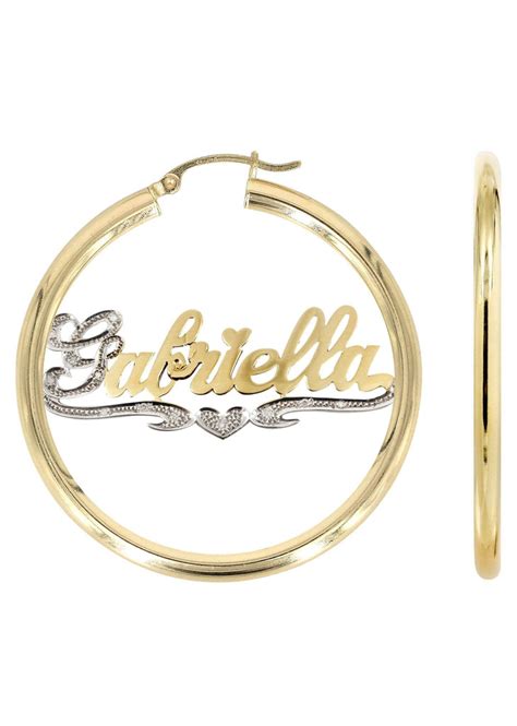 14k Ladies Two Tone Diamond Cut With Diamonds Name Plate Hoop Earrings