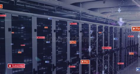 Animation Of Social Media Icons Floating And Mosaic Squares Against Computer Server Room Stock