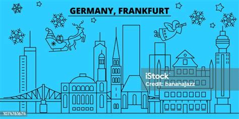 독일 프랑크푸르트 겨울 휴일 스카이 라인입니다 메리 크리스마스 해피 뉴가 어 장식 산타 Clausgermany 프랑크푸르트 선형 크리스마스 도시 벡터 평면 일러스트와 배너