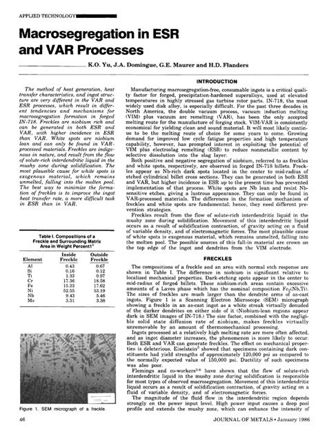 Yu 1986 Macrosegregation In Est And Var Processes Pdf Ingot Titanium