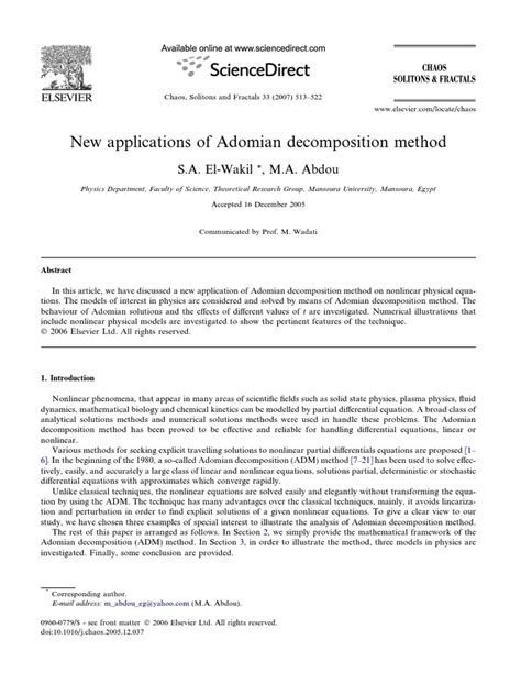 New Applications Of Adomian Decomposition Method Pdf Nonlinear System Numerical Analysis