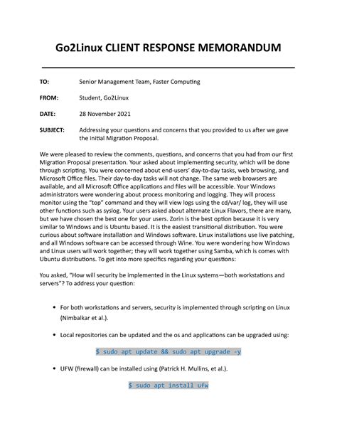 Project Client Response Memorandum Go Linux CLIENT RESPONSE MEMORANDUM Studocu