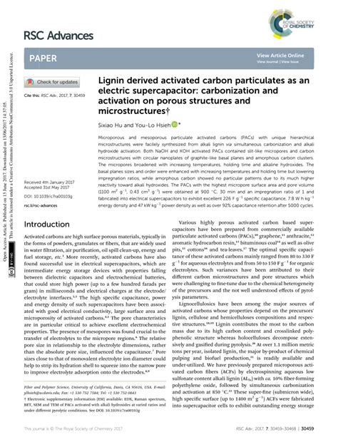 Pdf Lignin Derived Activated Carbon Particulates As An Electric Supercapacitor Carbonization