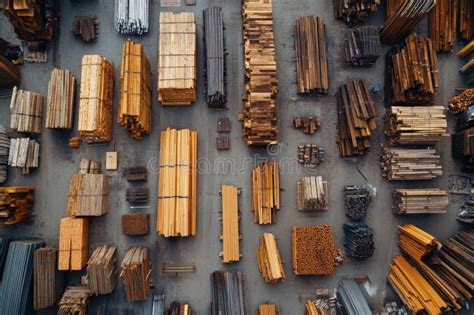 Aerial View Of An Outdoor Lumber Warehouse Storing Various Sizes And Types Of Wood Planks