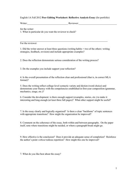 Peer Editing Worksheet Reflective Analysis Essay