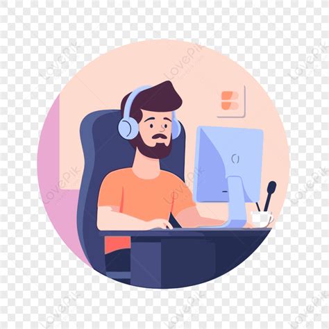 컴퓨터 벡터 일러스트 레이 션 만화에서 작업 하는 헤드폰에서 지원 클립 아트 비즈니스 남자직사각형소매 Png 일러스트 무료 다운로드 Lovepik