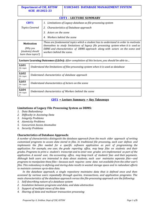 Cdt1 Databases And Database Users Introduction Department Of Cse