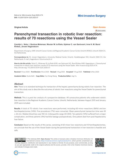 Pdf Parenchymal Transection In Robotic Liver Resection Results Of 70 Resections Using The