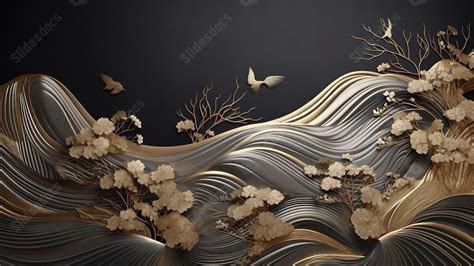 무료 검정색과 회색 바탕에 중국 나뭇잎과 황금빛 파도가 특징인 3d 벽지 Ppt 배경 Slidesdocs