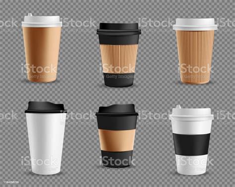 현실적인 빈 모형 종이 컵의 집합입니다 투명 한 배경에 격리 된 벡터 그림 비웃음에 대한 스톡 벡터 아트 및 기타 이미지 비웃음 커피잔 공란 Istock