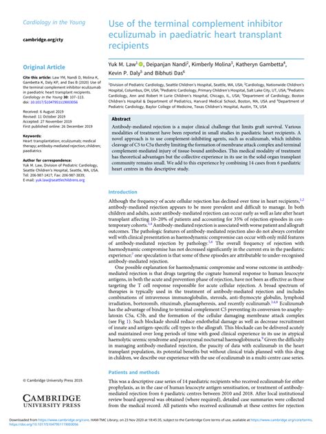 Pdf Use Of The Terminal Complement Inhibitor Eculizumab In Paediatric Heart Transplant Recipients