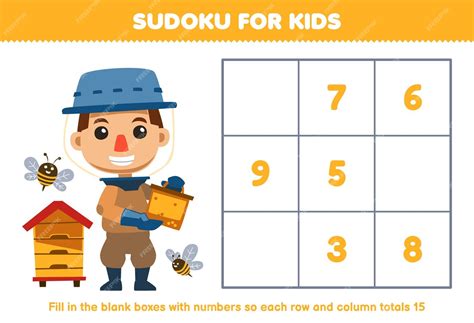 아이들을 위한 교육 게임 수도쿠 아이들을 위한 숫자 귀여운 만화 ⁇ 벌 농부 상자를 채우 인쇄 가능한 농장 워크시트 프리미엄 벡터