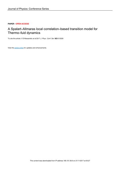 Pdf A Spalartallmaras Local Correlationbased Transition Model For Thermofuid Dynamics