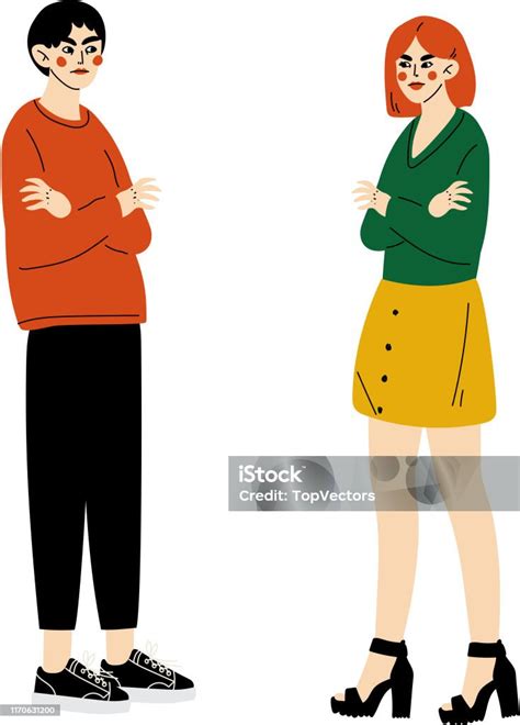 젊은 남자와 여자 보고 서로 교차 하는 그들의 팔 갈등 사이 남편과 아내 부정적인 감정 벡터 그림 남자 친구에 대한 스톡 벡터