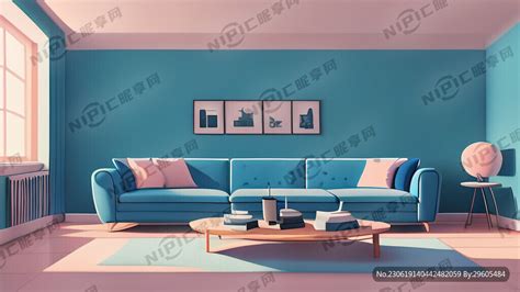 Ai创作图客厅 正面沙发 动画风格 简约 蓝色系 高清 昵图网