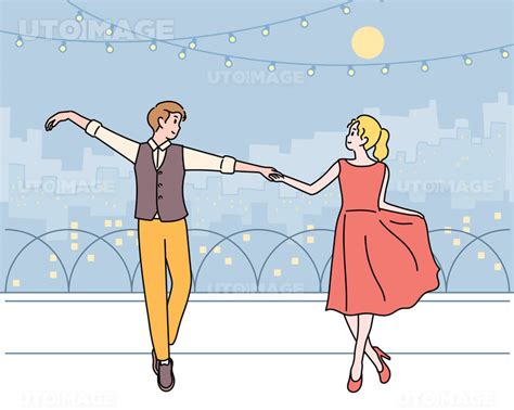 남녀가 달빛이 있는 옥상에서 함께 춤을 추고 있다 유토이미지 상세페이지 베이직샵 일러스트 21494514